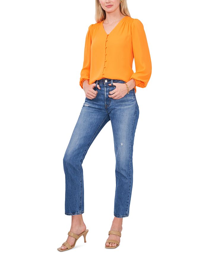 Sam & Jess Petite Button-Front Smocked-Shoulder Blouse - Macy's