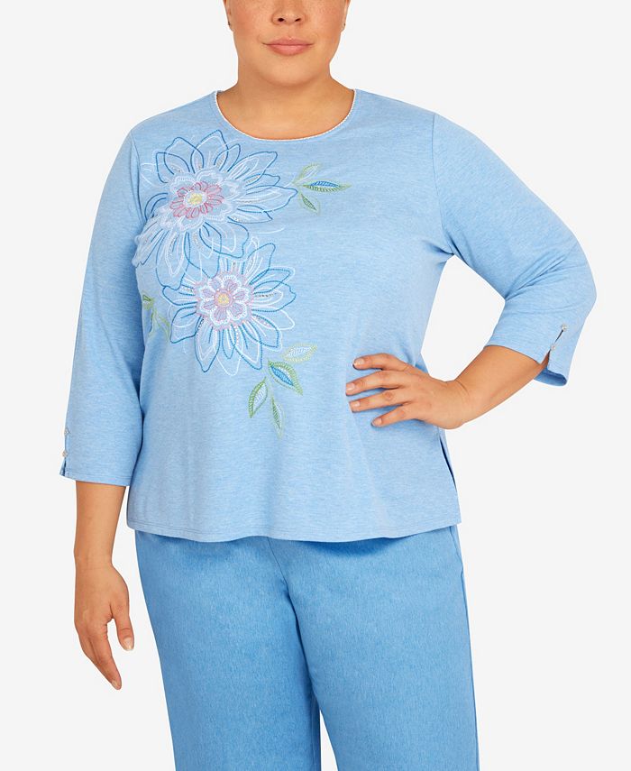 Alfred Dunner Plus Size Peace of Mind Embroidered Floral Knit Top - Macy's