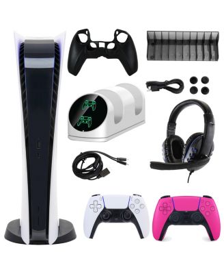 Consola digital PS5 con mando Dualsense extra rosa y kit de accesorios