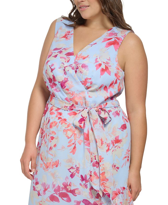 Eliza J Plus Size Printed Faux-Wrap Asymmetric-Hem Dress - Macy's