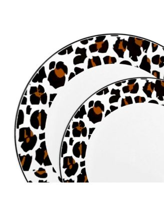 White with Black and Brown Leopard Print Rim Round Disposable Plastic ...