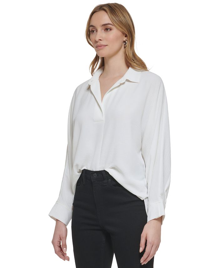 Calvin Klein Women's Long Sleeve V-Neck Collared Shirt & Reviews - Tops ...