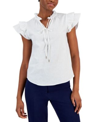 Anne Klein Women's Linen Ruffle-Sleeve Tie-Neck Blouse - Macy's