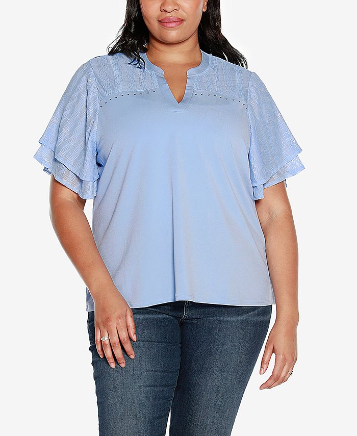 Belldini Black Label Plus Size Split Neck Mixed Media Top - Macy's