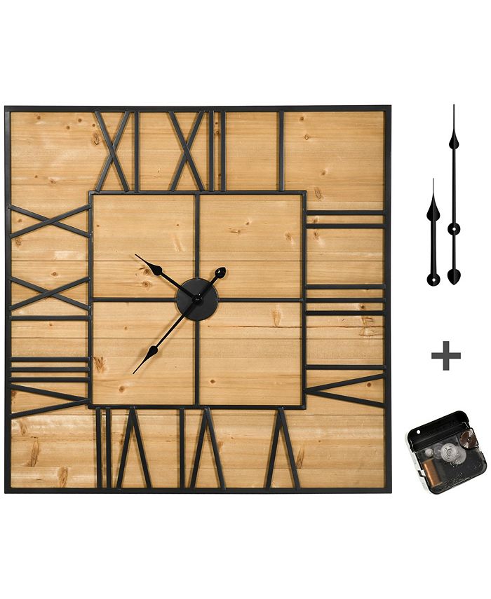 HOMCOM 36 Inch Large Wall Clock, Square Silent Non Ticking Metal Wood ...