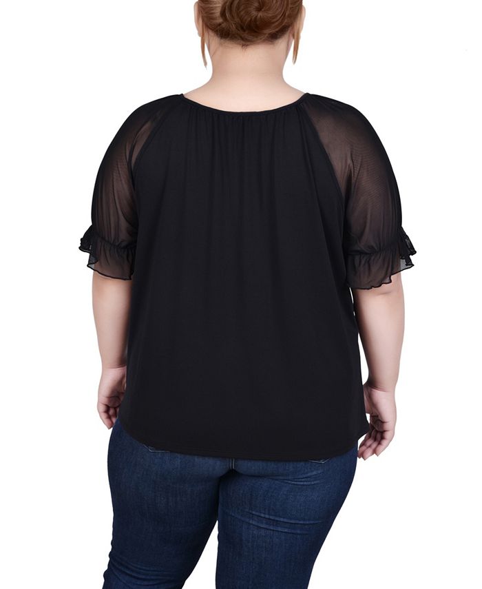 NY Collection Plus Size Short Ruffle Sleeve Top with Rhinestones - Macy's