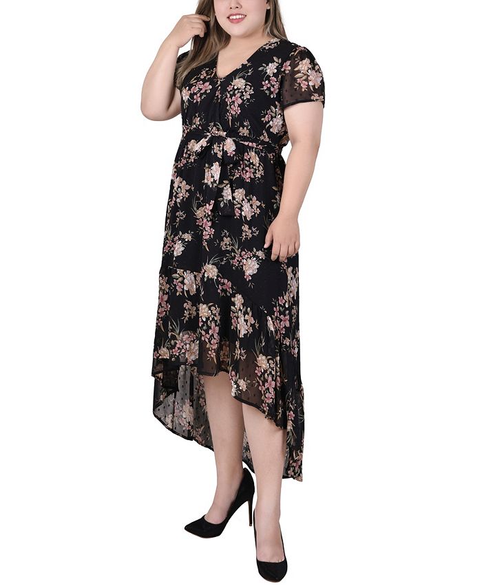 NY Collection Plus Size Short Sleeve Handkerchief Hem Chiffon Dress ...