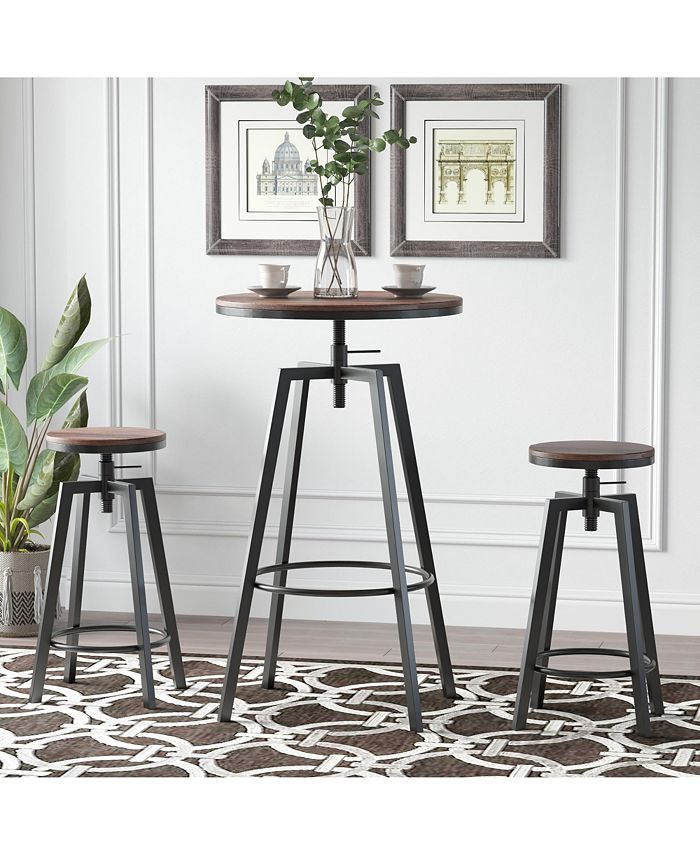 HOMCOM Industrial Rustic Adjustable Steel and Wood Three Piece Pub Bar ...