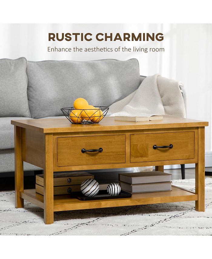 HOMCOM Rustic Coffee Table, Wood Cocktail Table with Drawers and Open ...
