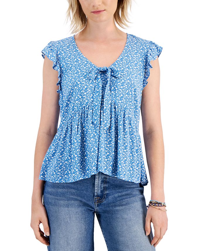 Kingston Grey Juniors' Tie-Front Flutter-Sleeve Babydoll Top - Macy's