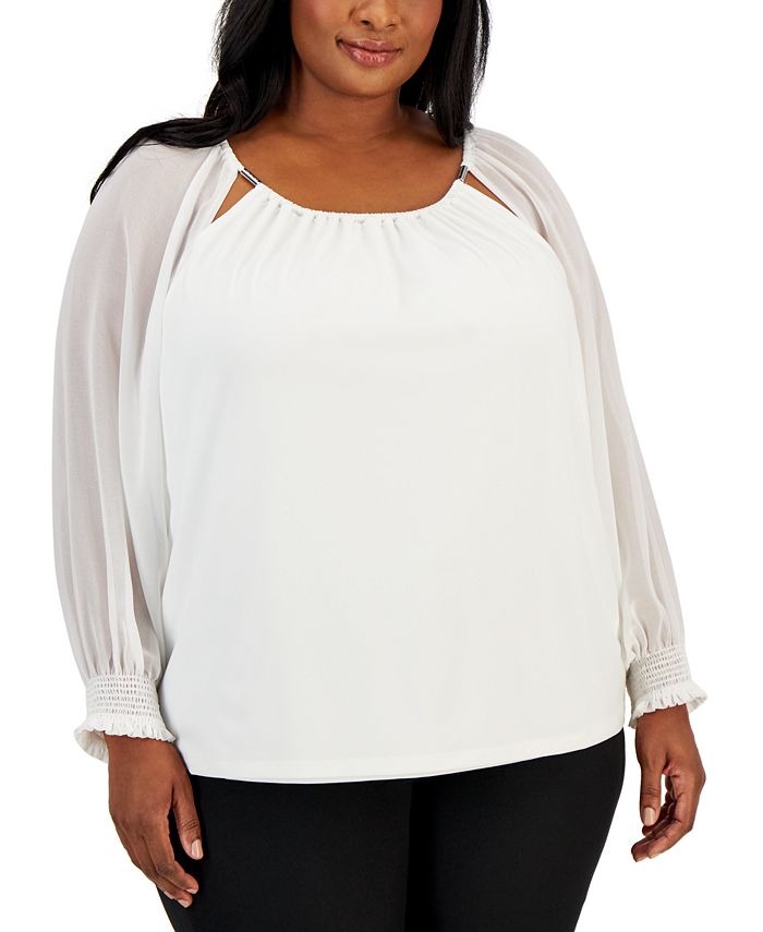 Calvin Klein Plus Size Smocked Cuff Cut-Out Blouse - Macy's