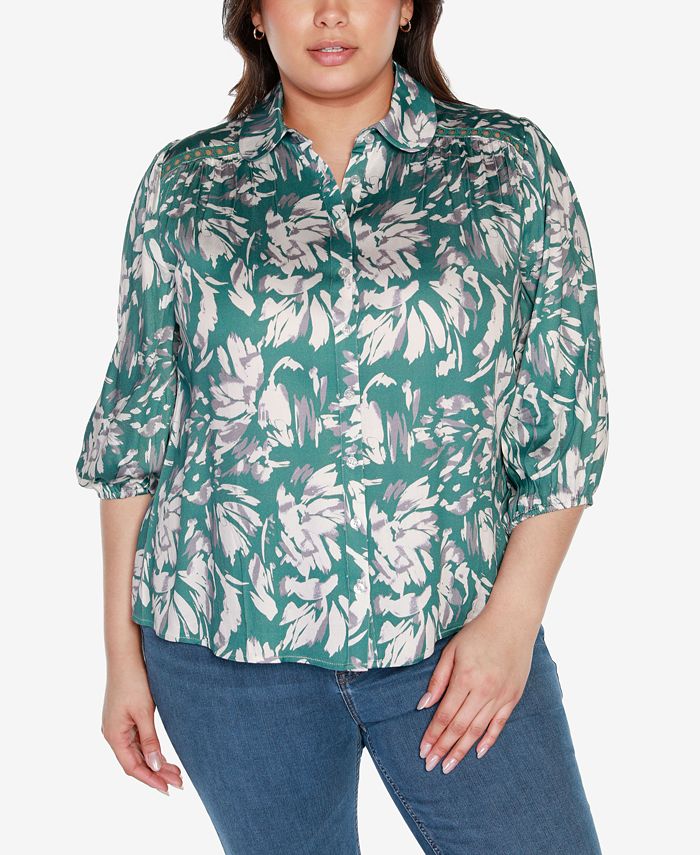 Belldini Black Label Plus Size Floral Print Button-Front Blouse - Macy's