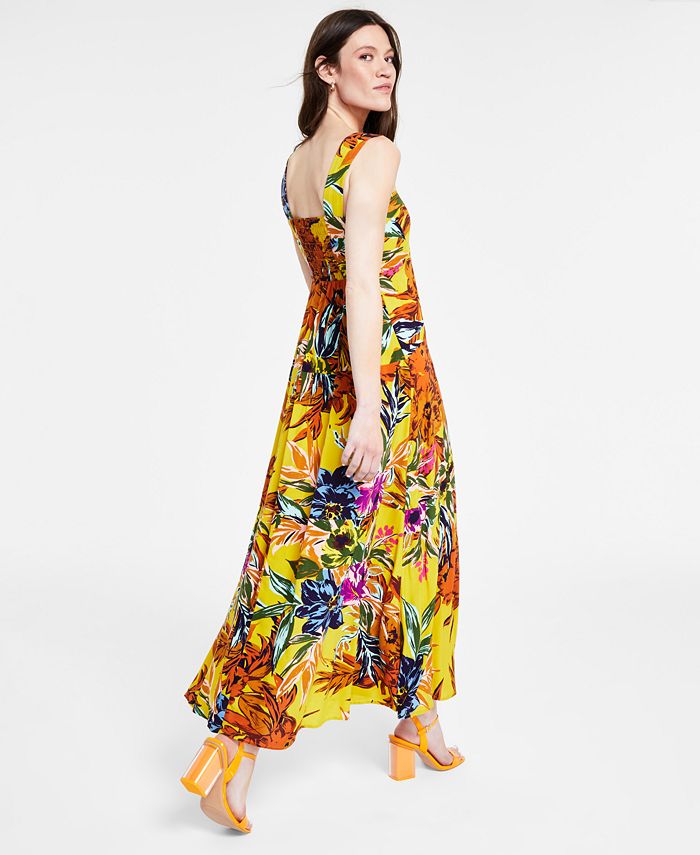 Vince Camuto Womens Printed Tiered Smocked Back Challis Maxi Dress Macys