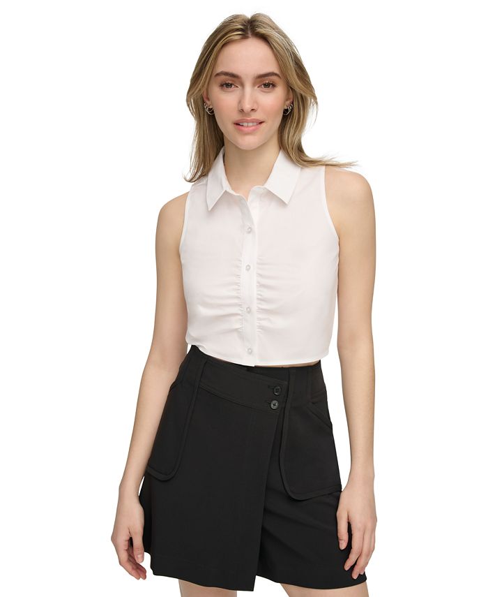 Calvin Klein Women's Cotton Collared Cropped Sleeveless Shirt - Macy's