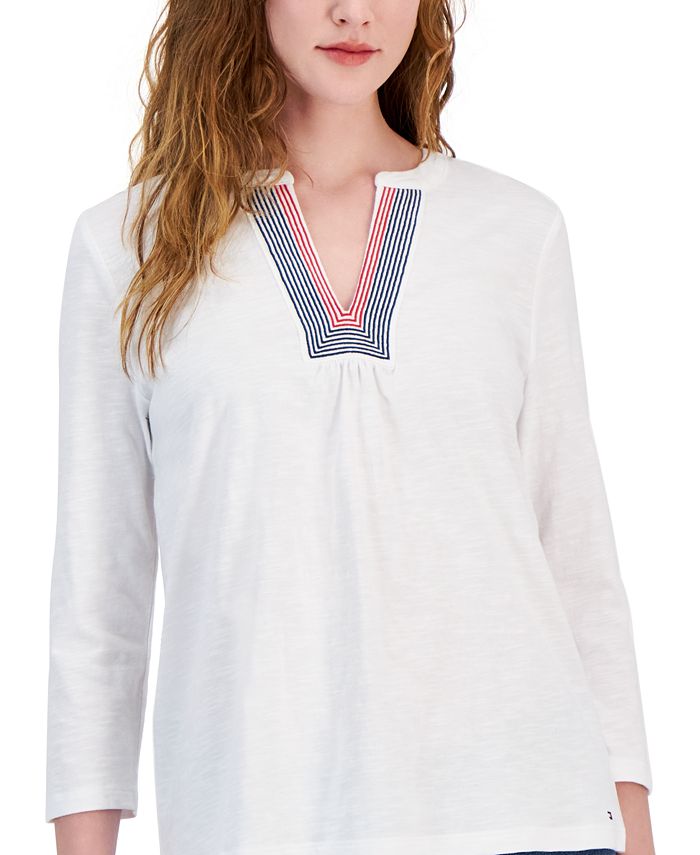 Tommy Hilfiger Women's Cotton Embroidered Split-Neck Tunic - Macy's
