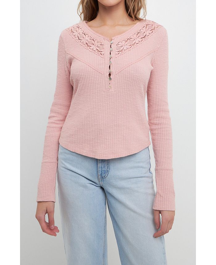Free the Roses Women's Lace Inserted Henly Neck Top - Macy's