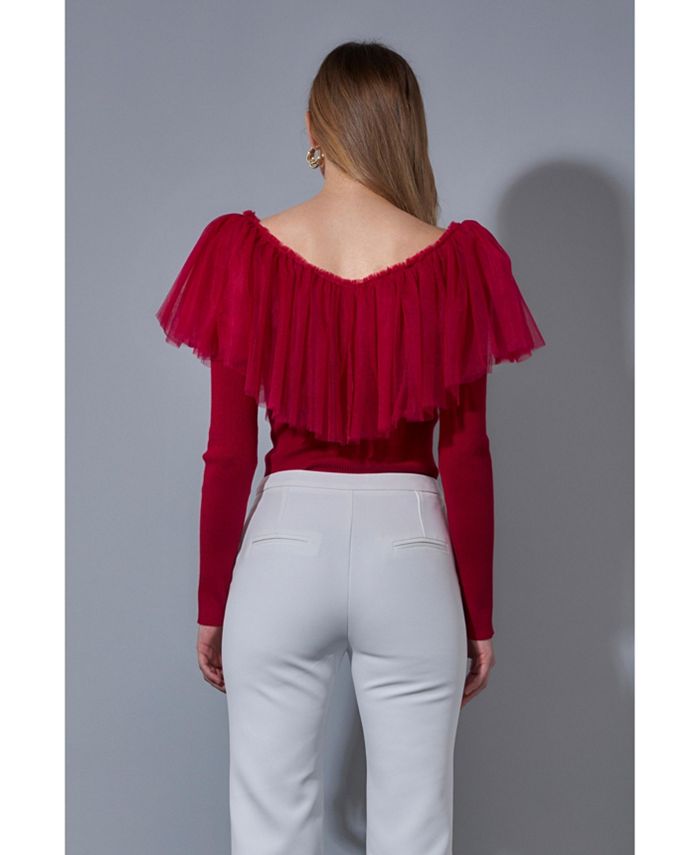 endless rose Women's Mixed Media Mesh Pleated Ruffle Top - Macy's