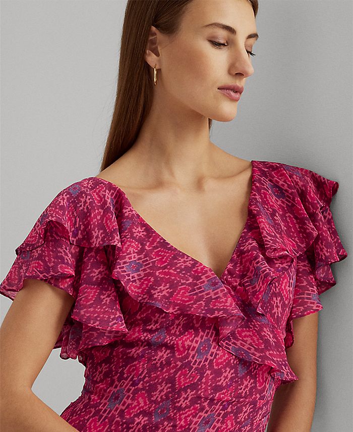 Lauren Ralph Lauren Women's Geo-Print Ruffle-Trim Georgette Gown - Macy's