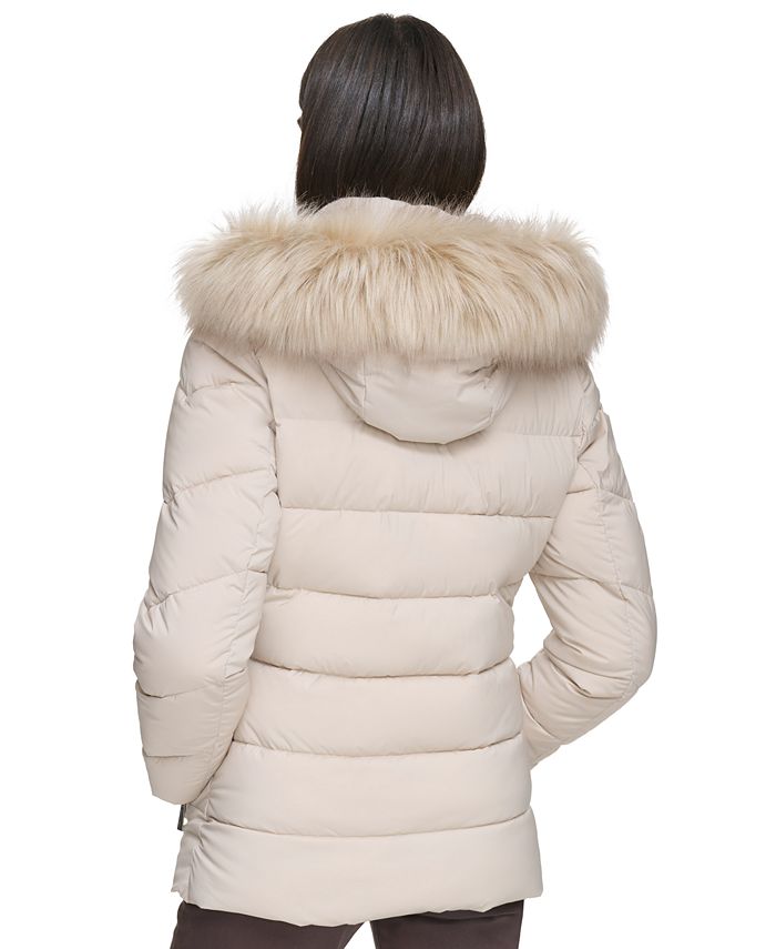 Calvin Klein Women's Stretch Faux-Fur-Trim Hooded Puffer Coat - Macy's