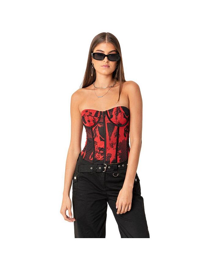 Edikted Women's Mesh Corset With Print Top - Macy's