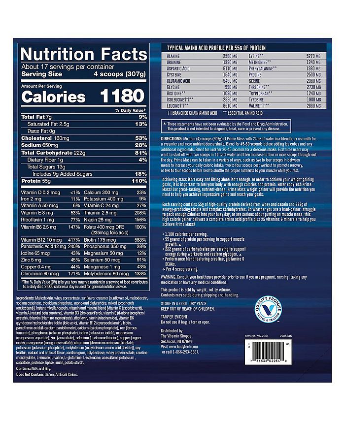 BodyTech Prime Mass - High Protein Weight Gainer Powder - Vanilla (12 ...