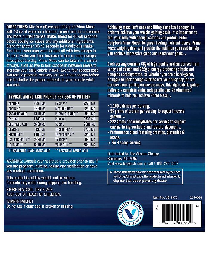 BodyTech Prime Mass - High Protein Weight Gainer Powder - Vanilla (6 ...