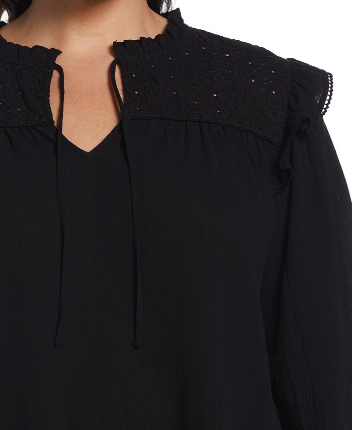 ELLA Rafaella Plus Size Eyelet Yoke Ruffle Gauze Long Sleeve Blouse ...