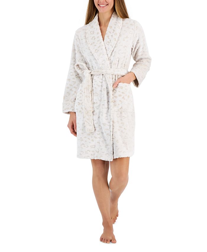 Charter Club Women's Short Sculpted Leopard Plush Knit Robe, Created ...