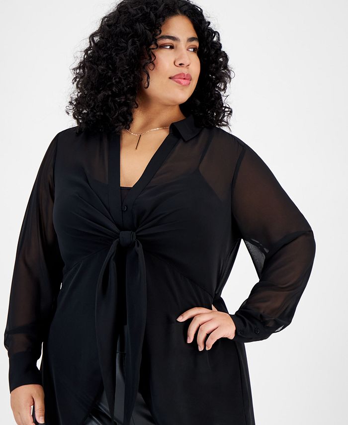 Bar III Plus Size Tie-Front Semi-Sheer Blouse, Created for Macy's - Macy's