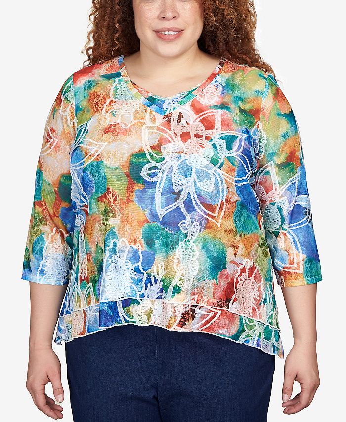 Alfred Dunner Plus Size Moody Blues Moody Watercolor Floral V-Neck Top ...
