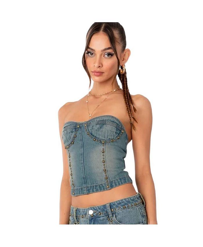Edikted Women's Studded Washed Denim Lace Up Corset Top - Macy's