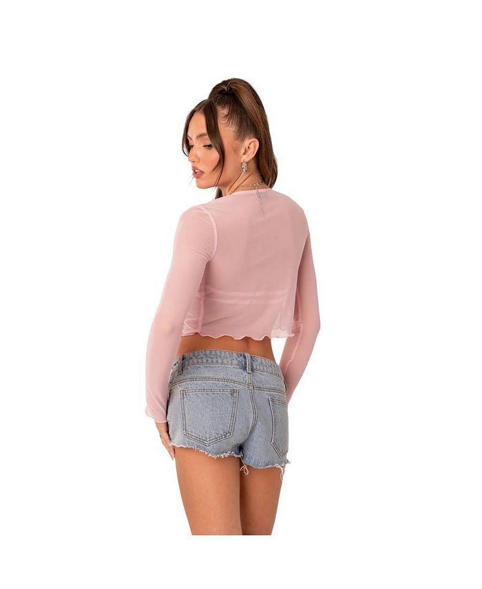 Edikted Women's Long Sleeve Mesh Top With Cups & Tie At Front - Macy's