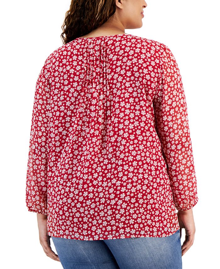 Tommy Hilfiger Plus Size Printed Pintuck Tie-Neck Blouse - Macy's