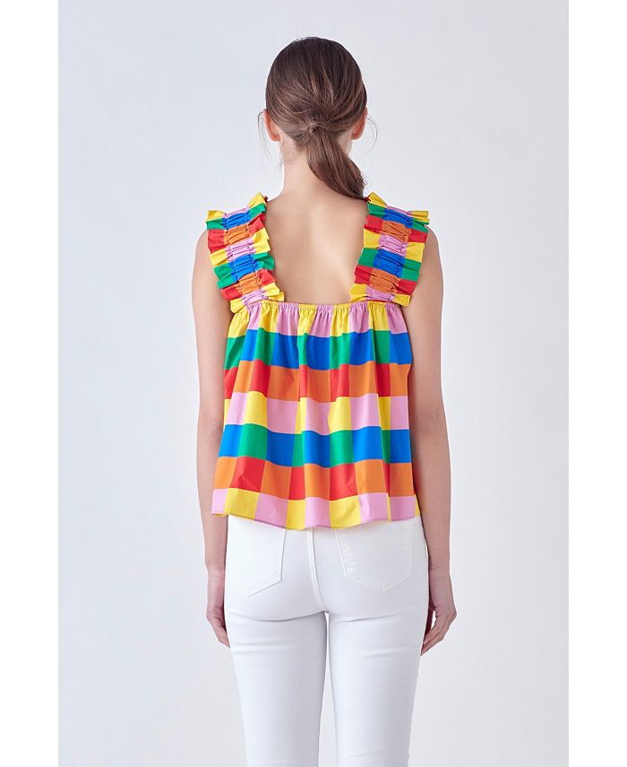 English Factory Women's Multi Color Check Ruffle Strap Top - Macy's