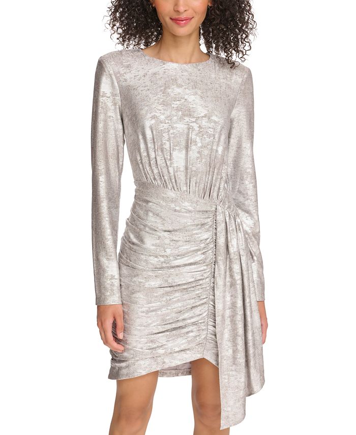 Vince Camuto Petite Jewel-Neck Metallic Ruched Dress - Macy's