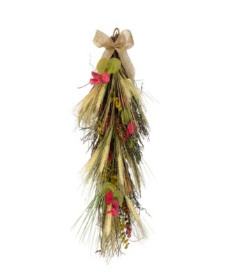 24" Autumn Harvest Wheat and Eucalyptus with Feathers Teardrop Swag ...