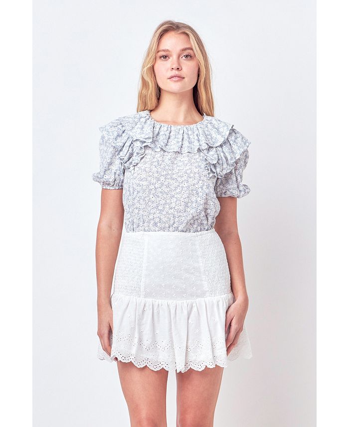 Free the Roses Women's Floral Print Ruffle Top with Puff Sleeves - Macy's