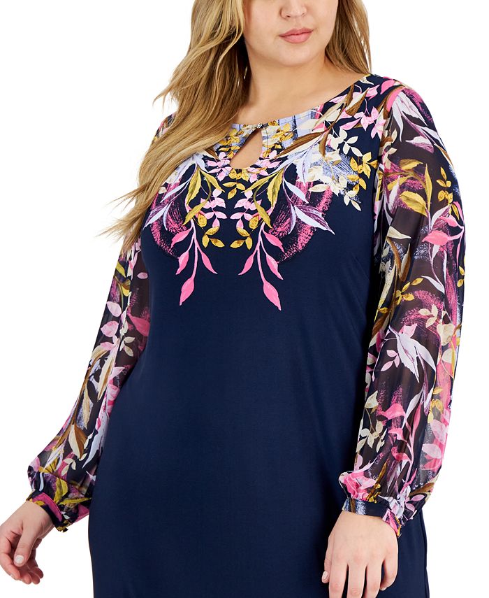 JM Collection Plus Size Cara Cascade Chiffon Sleeve Keyhole Dress ...