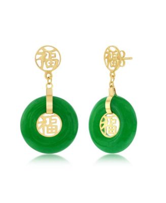 14K Yellow Gold, 13mm Round 'Good Luck' Dangle Jade Earrings - Macy's