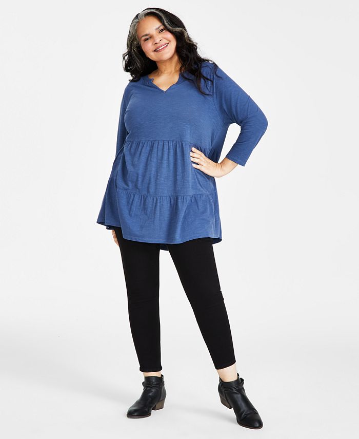 Style & Co Plus Size Cotton Split-Neck Tiered Tunic, Created for Macy's ...