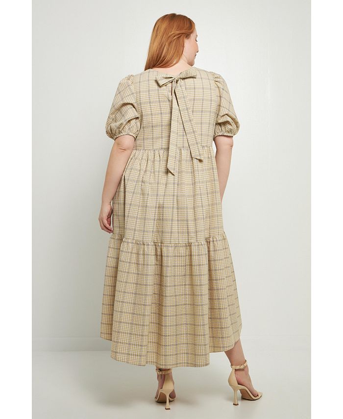 English Factory Plus Size Gingham Back Bow Tie Midi High Low Dress - Macy's