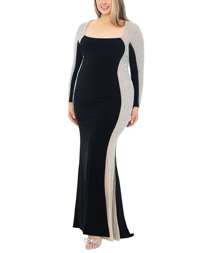XSCAPE Plus Size Rhinestone Illusion Gown - Macy's