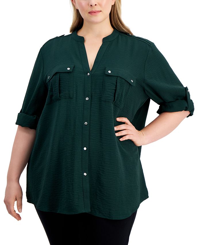 Calvin Klein Plus Size Textured Roll Tab Button Down Shirt - Macy's