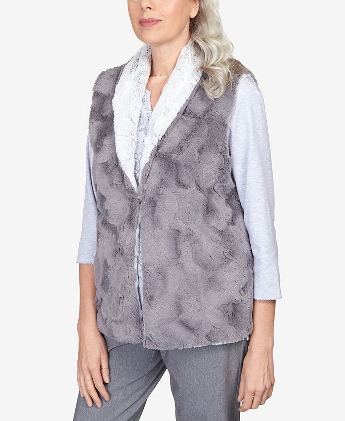 Alfred Dunner Petite Point of View Reversible Collared Faux Fur Vest ...