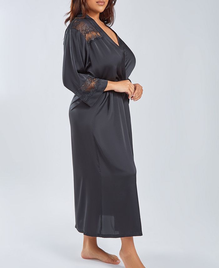 iCollection Plus Size Silky Stretch Satin Long Robe with Lace Trims ...