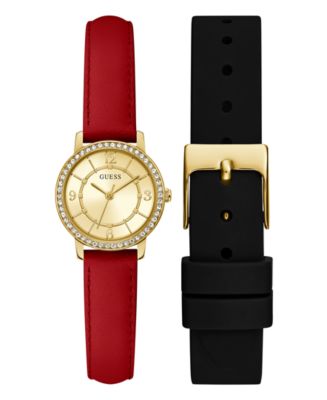 GUESS Women's Analog Red and Black Leather, Silicone Interchangeable ...