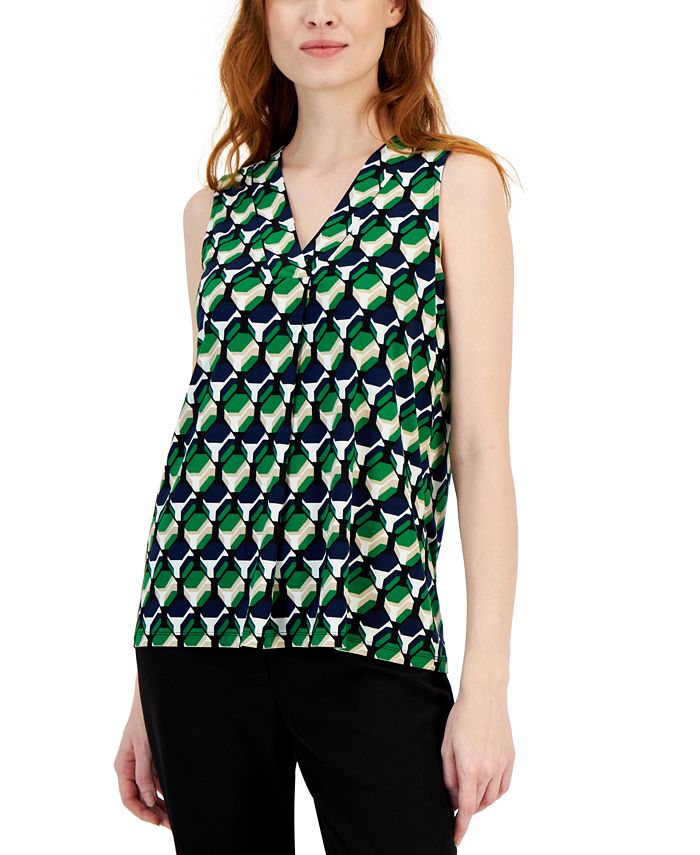 Anne Klein Women's Printed Sleeveless Pleated V-Neck Shell Top - Macy's