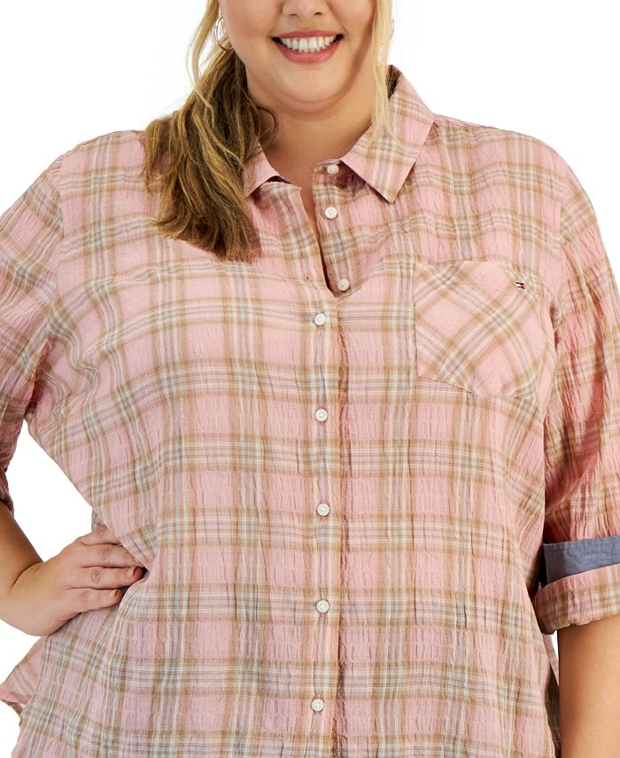 Tommy Hilfiger Plus Size Crinkle Plaid Roll-Tab Shirt - Macy's