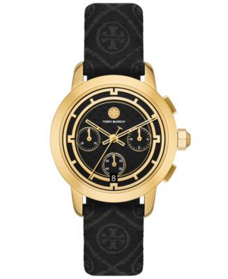 Tory Burch Women's Chronograph The Tory Black Leather Strap Watch 37mm ...