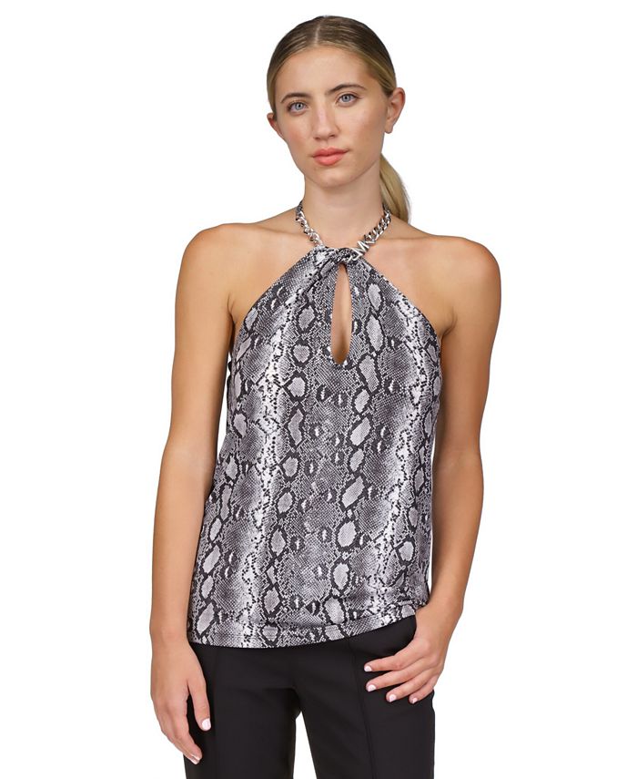 Michael Kors Women's Snakeskin-Print Chain-Neck Halter Top - Macy's